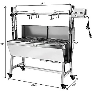 KODOM 132LBS Stainless Steel Rotisserie Grill with Back Cover Guard, 25W Motor Small Pig Lamb Rotisserie Roaster, 37 Inch BBQ Charcoal Rotisserie Roaster Grill for Camping Outdoor Kitchen