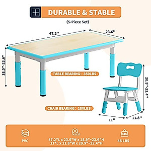 wanan Kids Table and 4 Chairs Set, Multi Levels Height Adjustable Toddler Table and Chairs Set for Daycare, Classroom, Home, Playroom, Easy to Clean Arts & Crafts Table for Ages 2-10 (Light Blue)
