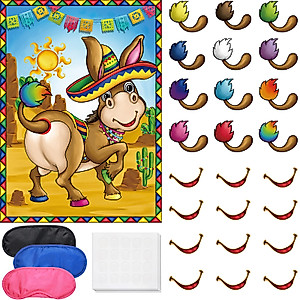 Zonon Pin The Tail on The Donkey Mexican Donkey Game, Mexican Fiesta Decorations, Taco Party Supplies, Poster with Blindfolds and Stickers Mexican Fiesta Birthday Carnival Party Decorations