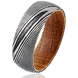 Gorgeous 8mm Damascus Steel Dome Band Ring with Wood Grain Finish and Whiskey Barrel Oak Wood Inner Band. (Stainless-Steel, 10.5)