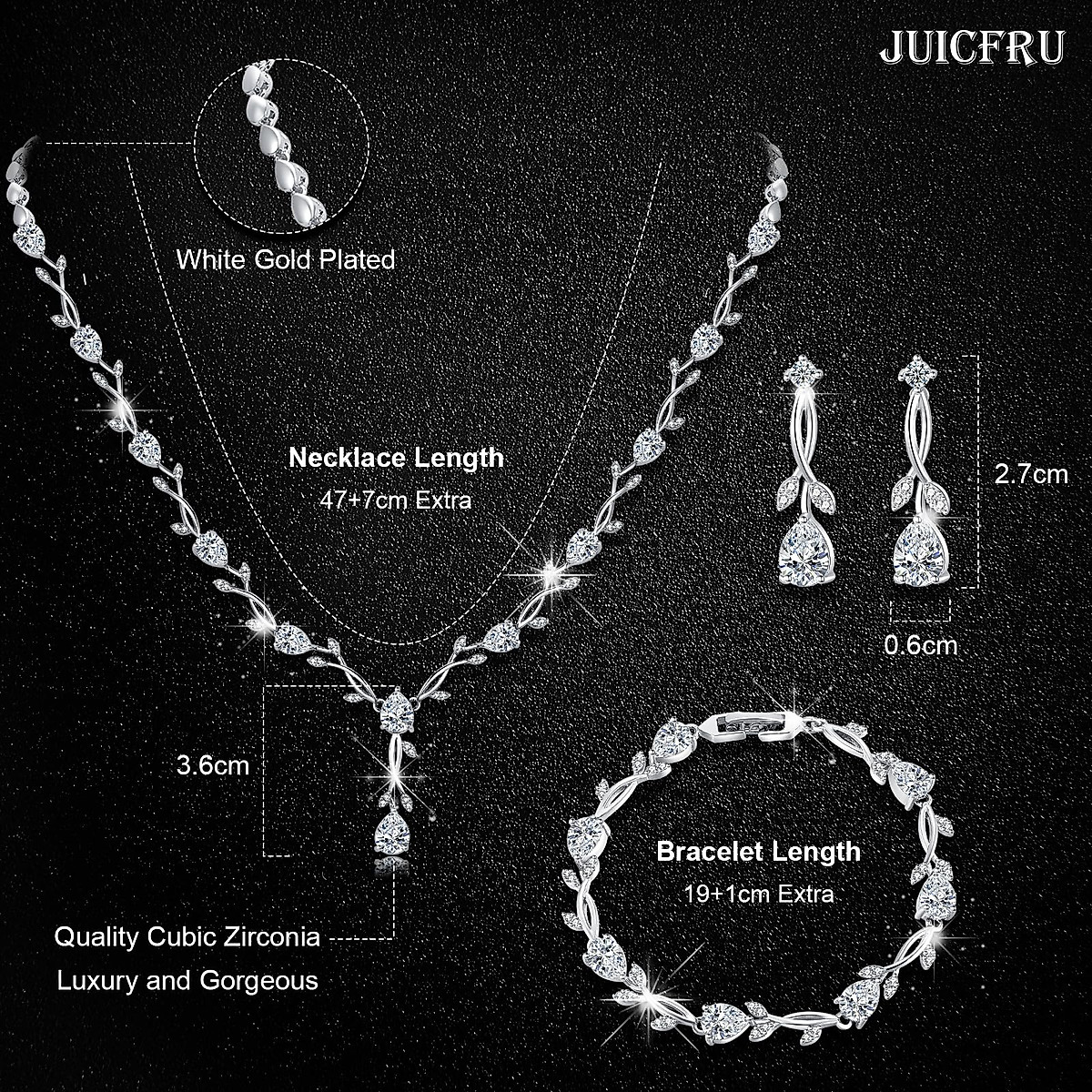Juicfru Wedding Silver Jewelry Set for Women Cubic Zirconia Necklace Earrings Bracelet Sets for Bride Wedding Costume Jewelry for Bridesmaid