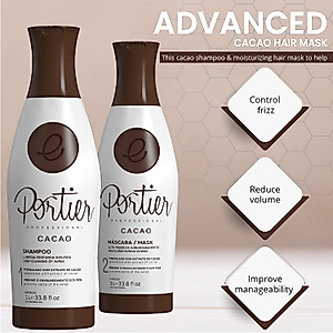 Portier Cacao Shampoo and Brazilian Hair Mask for Dry, Damaged Hair, Advanced 2-Step Treatment, Smoothing and Moisturizing Haircare for Curly, Color Treated, or Frizzy Hair. Each Bottle is 34fl.oz/1L