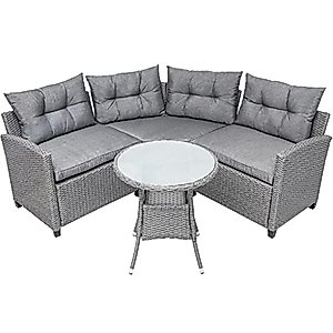 QUUL 4-Piece Resin Wicker Patio with Round Table, Gray Cushion Furniture Set Sofa-Type Garden Pool Balcony