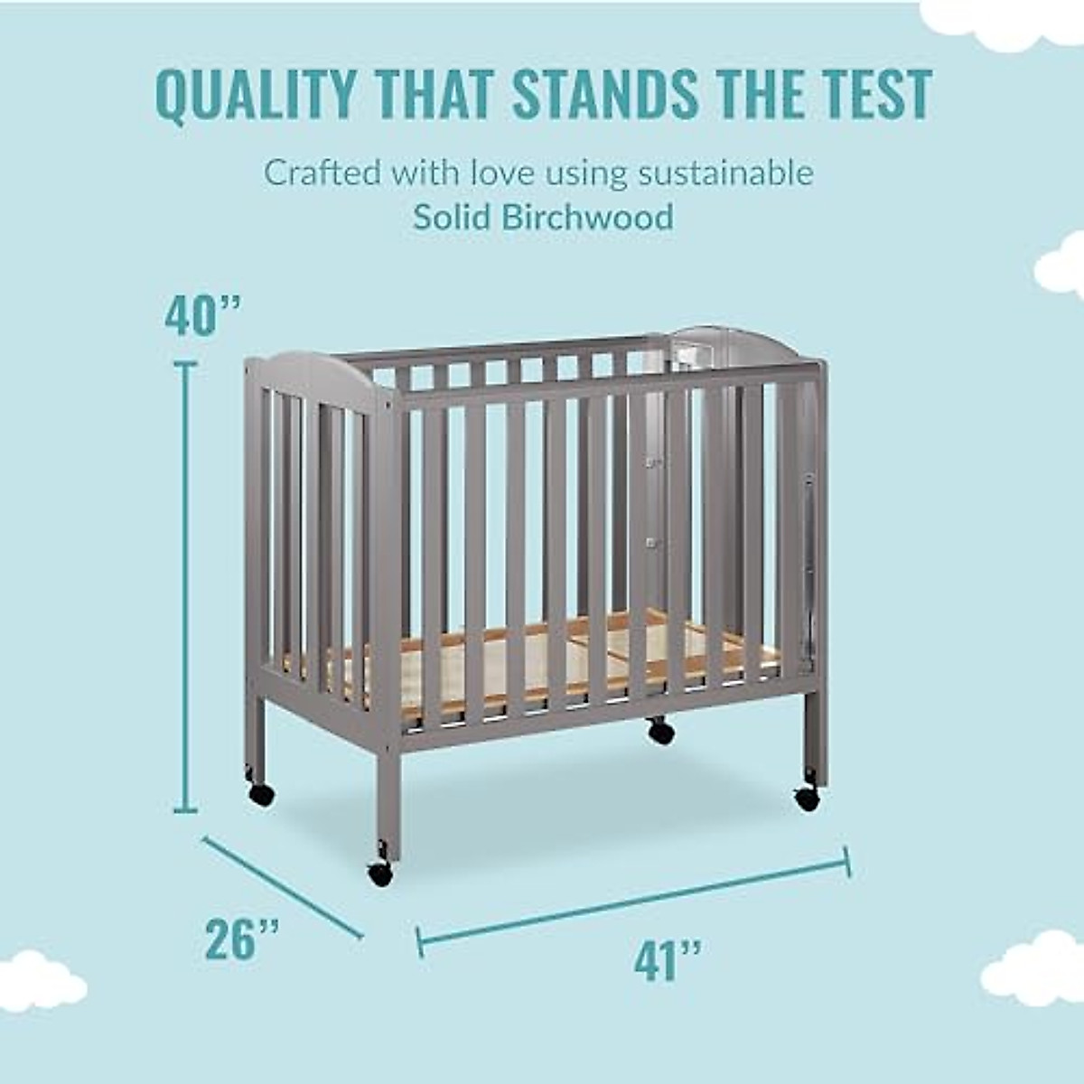 Dream On Me 3 in 1 Portable Folding Stationary Side Crib in Steel Grey, Greenguard Gold Certified, Safety Wheels with Locking Casters, Convertible, 3 Mattress Heights