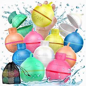 12pcs Reusable Water Balloons for Kids - Silicone Balloon with Magnetic Self Sealing Magnetic Quick and Easy Refill Outdoor Water Bombs - Bulk Pack with Mesh Bag (Bomb & Grenade)