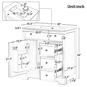 CuisinSmart 30" Bathroom Vanity with Sink Top, Bathroom Storage Cabinet Modern Design Solid Wood Frame Bath Vanity with One Door and Two Drawers White