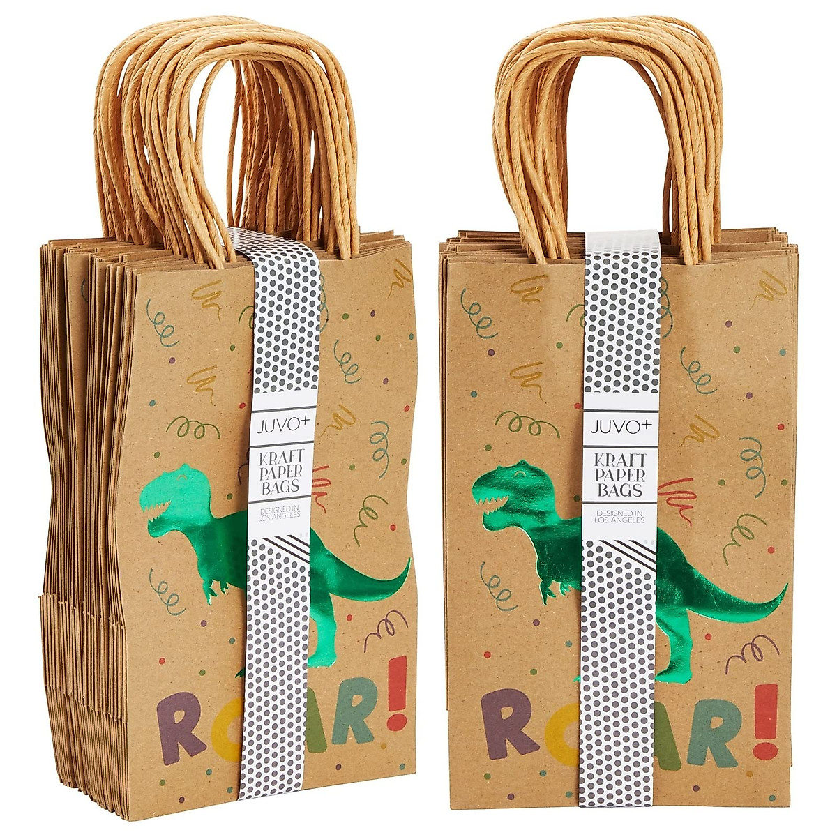 24 Pack Kraft Dinosaur Party Favor Bags with Handles for Kid's Birthday (6 x 9 In)