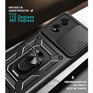 CNPUTAO Case for Oppo A78 4G with Tempered Glass Screen Protector [2 Pack],Sliding Camera Window, Kickstand, Shock-Proof Anti-Scratch Dual-Layer Phone Cover, Black