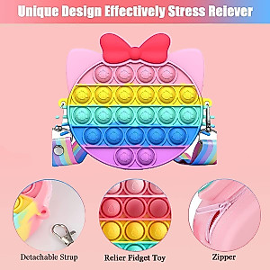 Pretty Cute Coin Purse Push Pop Bubble Purse Handbags, Fidget Toy Crossbody-Bag, Rainbow Silicone Sensory Toys Messenger Bag with Adjustable Shoulder Strap for Grils Kids and Aldults(Kitty cat)