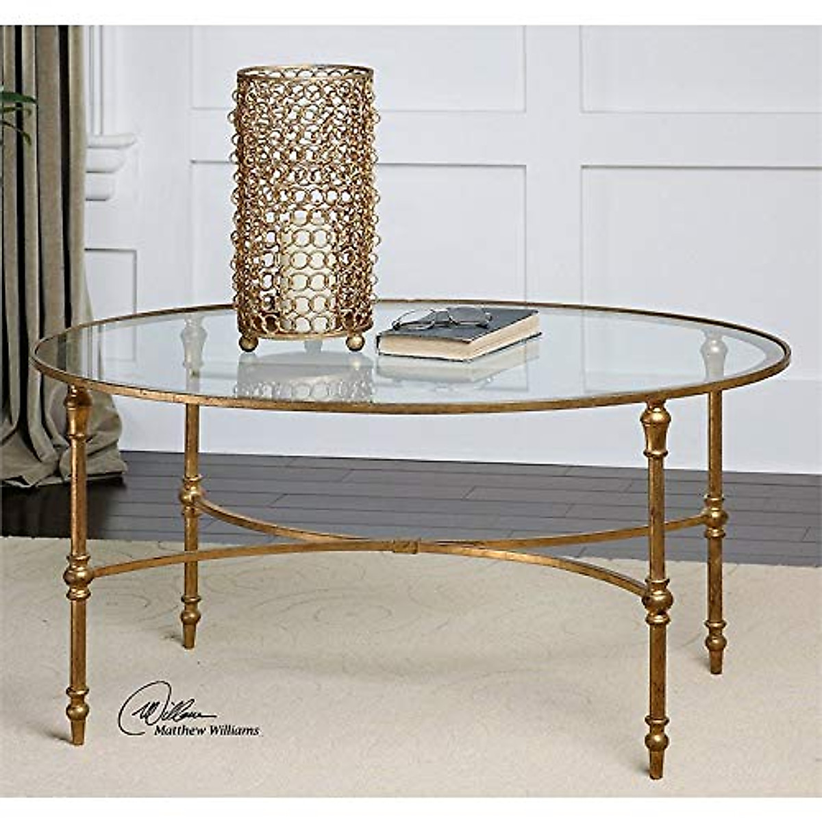 BOWERY HILL Transitional Glass Oval Coffee Table in Gold Leafed