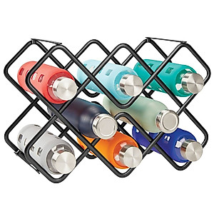 mDesign Metal Free-Standing Wine Rack Storage Organizer for Kitchen Countertops, Pantry, Fridge - Stores Wine, Beer, Pop/Soda, Water Bottles - 3 Levels, Holds 8 Bottles - Black