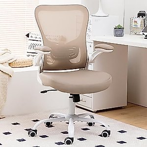 Office Chair Ergonomic Desk Chair - PU Leather Thick Cushion Adjustable Height Computer Chair with Lumbar Support and Flip-up Armrests, Home Office Desk Chairs, Swivel Executive Task Chair, Khaki