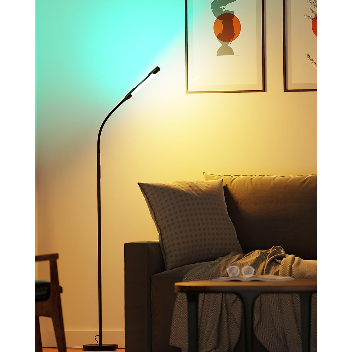 ULG 【Upgrade】 Double Side LED Floor Lamp, Tall 360° Adjustable Gooseneck Standing Reading Lamp for Bedroom, RGB & Dimmable Bright Task Light with 3000K-6500K Color Temps, Eyelash LED Floor Light