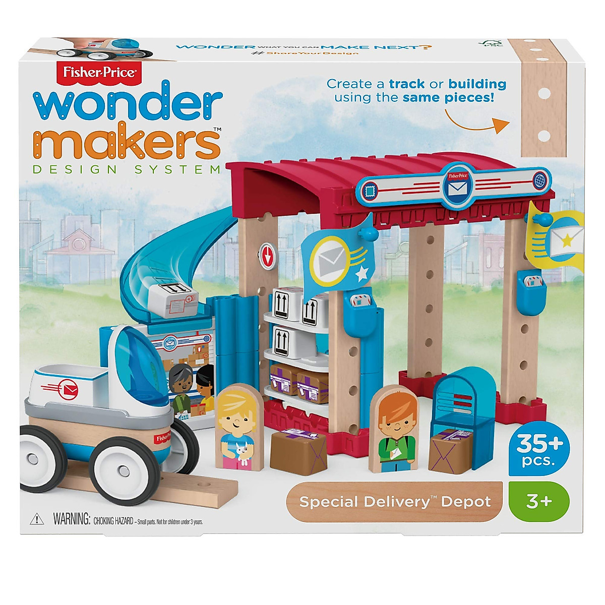 Fisher-Price Wooden Building Toy Wonder Makers Design System Special Delivery Depot, 35+ Wood Piece Playset for Preschool Kids Ages 3+ Years