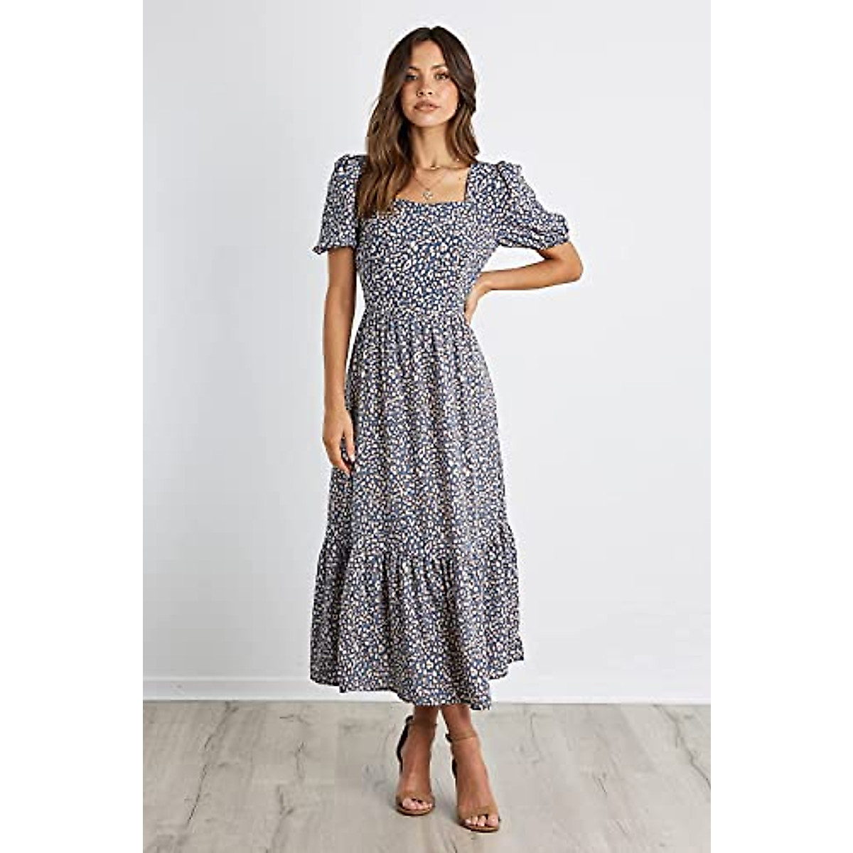 PRETTYGARDEN Women's Bohemian Dress Leopard Tie-Back Square Neck Puff Sleeve Ruffled Hem Summer Maxi Dresses(Blue,X-Large)