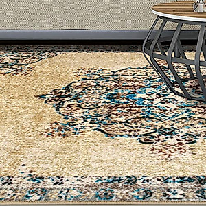 SUPERIOR Distressed Traditional Oriental Medallion Non-Slip Indoor Washable Area Rug, 8' x 10', Cream