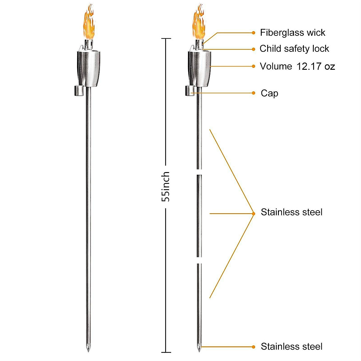FAB BASED Oil Torch Lamp Torch for Patio/Garden/Lawn/Backyard - 55 inch - Stainless Steel - Fiber Glass Wick - Set of 2 Pieces-Outdoor Oil Lamp for Citronella (Ecru)