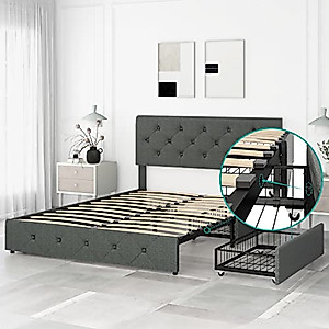 Wancla Queen Upholstered Platform Bed Frame with 4 Storage Drawers/Adjustable Button Tufted Headboard/No Box Spring Neeed/Wood Slat Support/Easy Assembly/Dark Grey, Leathaire