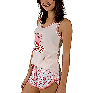 Bioworld Kirby Daisies & Kanji Logo Women's Racer Back Tank Top & Dolphin Lounge Shorts Sleepwear Set-XL Pink