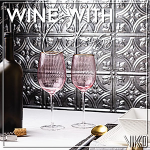 Vikko Décor Wine Glasses, Set of 2 Peach Blown Glass with Gold Rim, 11 Ounce Fancy Wine Glasses With Stem for Red and White Wine, Dishwasher Safe Goblets, Decorative Wine Glasses