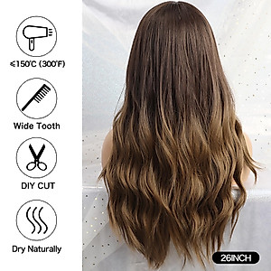 topshe Brown with Highlights Synthetic Wigs Middle Part Long Wavy Wigs with Dark Roots Womens Natural Heat Resistant Hair