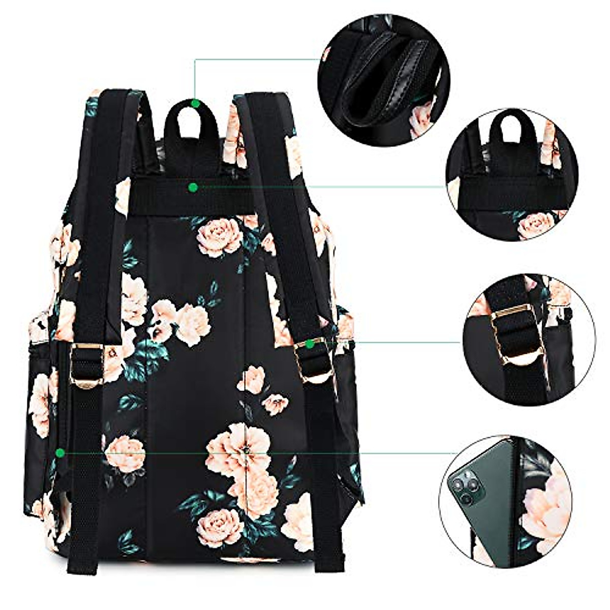 Backpack Women College Floral Bookbag Lady Travel Rucksack 15.6Inch Laptop Bag (Black peony)