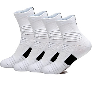 Yoknatt White Performance Ankle Athletic Socks Elite Youth Basketball Socks for Mens Womens Boys Crew Socks Cushioned Sports Running Cycling Compression Socks 4 Pack
