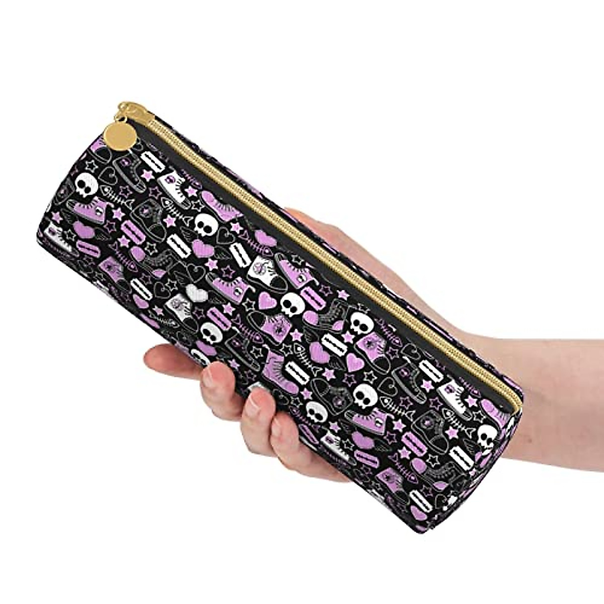 TumzfhQ Pencil Pouch Small Pen Case Pencil Bag Cylinder Leather Organizer Zipper Multi Function for Teen Girls Kids Office Women Skull Love