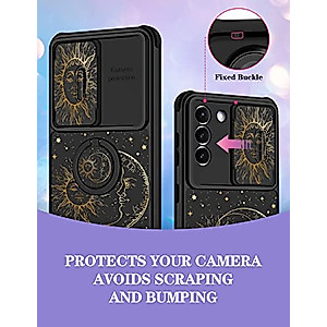 Goocrux (2in1 for Samsung Galaxy S21 Case Sun and Moon Stars for Women Girls Cute Space Phone Cover with Slide Camera Cover+Ring Holder Fashion Golden Print Design Cases for Galaxy S21 5G 6.2''