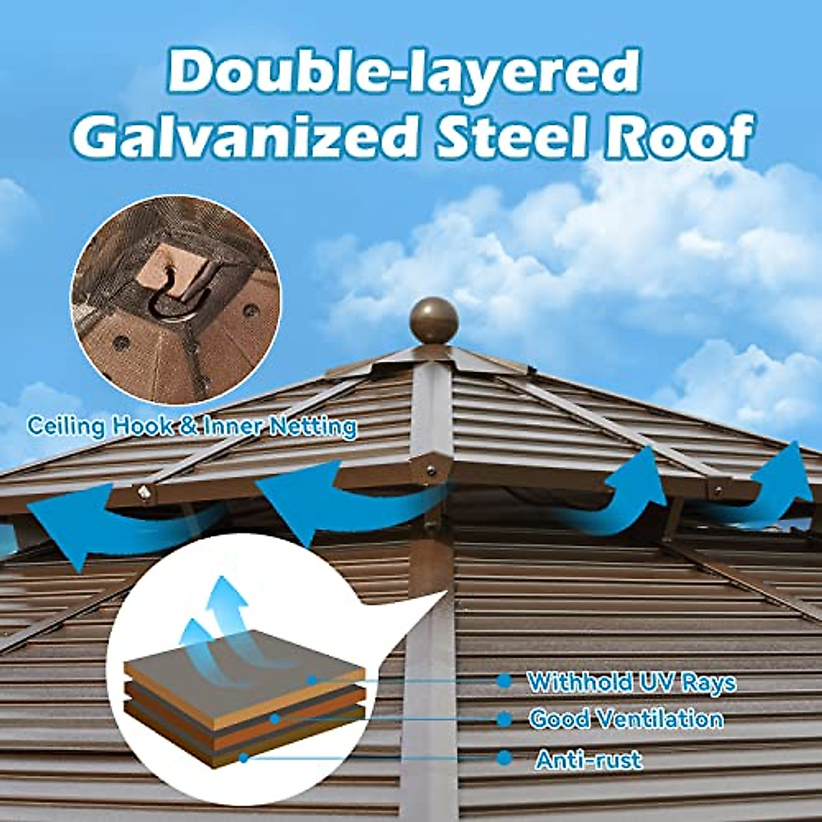 GAZEBEST 12' X 12' Permanent Hardtop Gazebo, Outdoor Galvanized Steel Double Roof Pavilion Pergola Canopy with Aluminum Frame Nettings and Curtains for Garden, Patio, Backyard, Deck and Lawns.