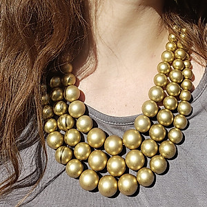 Rosemarie & Jubalee Women's 3 Colorful Multi Strands Simulated Pearl Necklace And Earrings Jewelry Gift Set, 18"+3" Extender (Metallic Matte Gold)