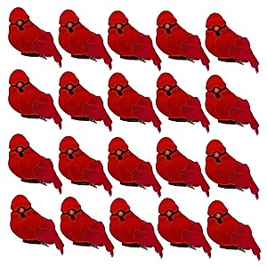 BANBERRY DESIGNS Red Feathered Cardinal Bird Ornaments - Set of 20 Cardinal Clip-On - Flocked with Feathered Wings and Tail 3" L