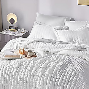 CozyLux Full Bed in a Bag White Seersucker Comforter Set with Sheets 7-Pieces All Season Bedding Sets with Comforter, Pillow Sham, Flat Sheet, Fitted Sheet and Pillowcase