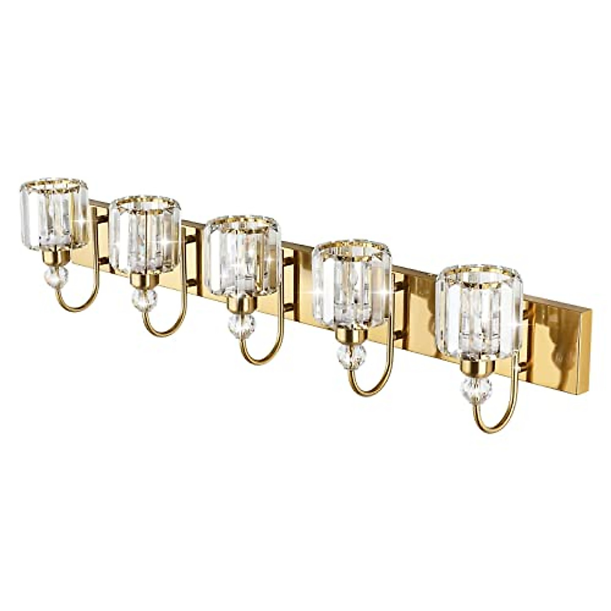 Ralbay Crystal Bathroom Vanity Lights 5-Lights Brass Gold Crystal Bathroom Vanity Lights Over Mirror Modern Crystal Gold Bathroom Wall Lighting Fixtures