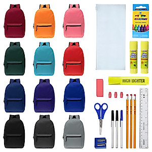 Moda West 15 Inch Bulk Backpacks in 12 Assorted Colors with 22 Piece School Supply Kits - Wholesale - Case of 24 Value Bundle Pack