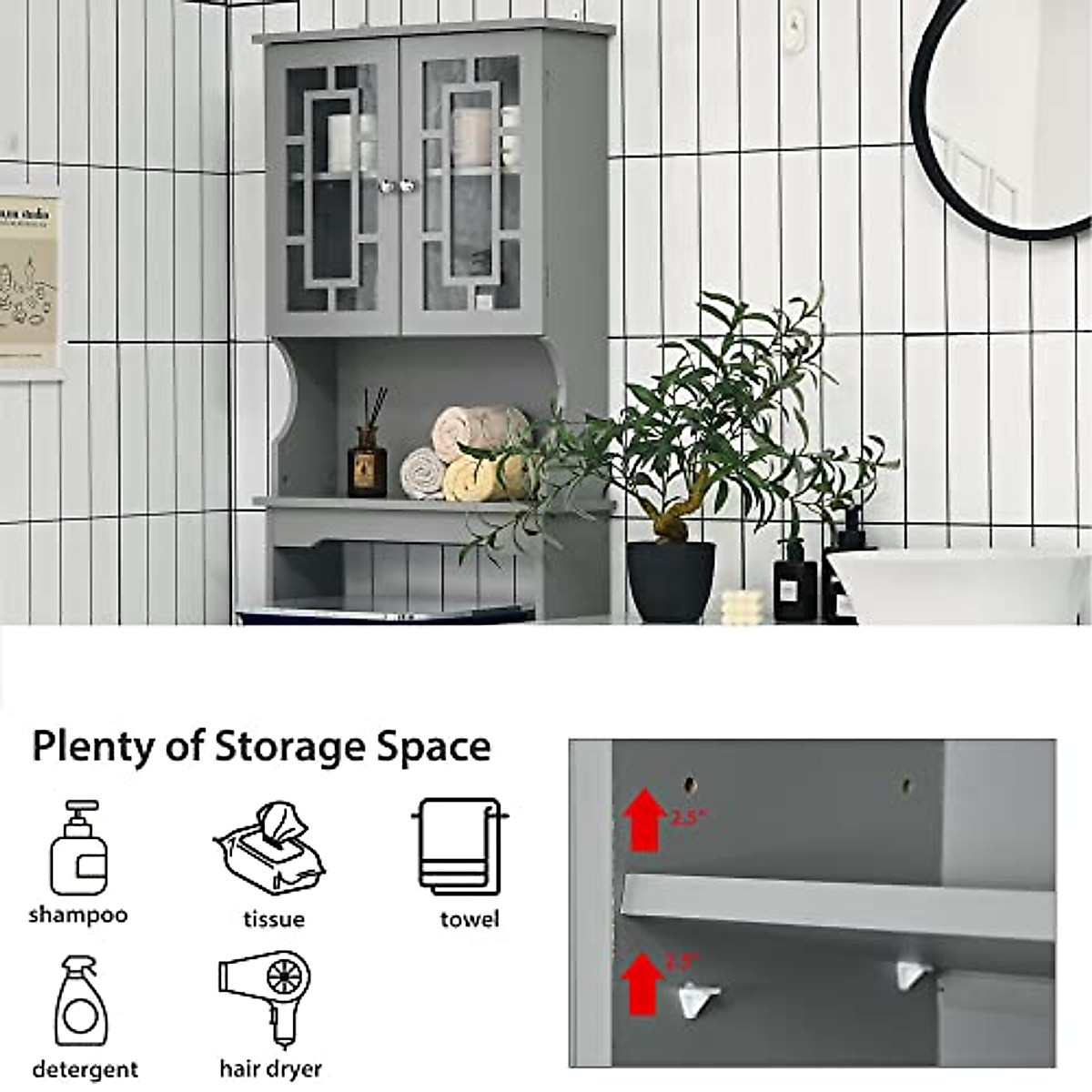 DORTALA Over The Toilet Spacesaver Storage Cabinet, Bathroom Organizer w/ 2 Glass Doors, Adjustable Inner Shelf, Open Bottom Free Standing Shelf Tower Anti-Tip Design, Rack, Gray Grey