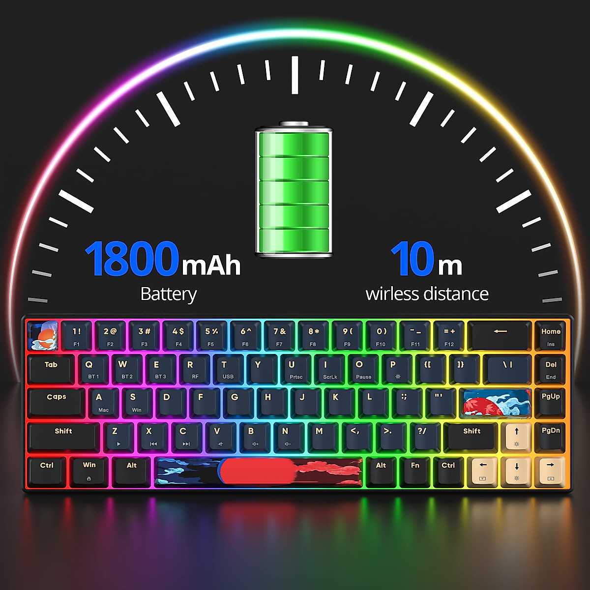 surmen GT68 65% Wireless Mechanical Gaming Keyboard 60 Percent RGB Hot-Swappable 68-Key Compact Keyboard Bluetooth5.0/2.4G/USB with Yellow Switch (Gateron Yellow, Blue Samurai 68)