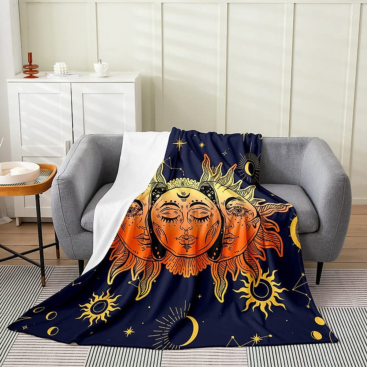 Sun Moon Flannel Fleece Throw Blanket Boho Exotic All Season Bed Blanket Room Decorative Bohemian Galaxy Fuzzy Blanket Astrology Space Cosmic Celestial Orange Plush Blanket Throw 50"x60"