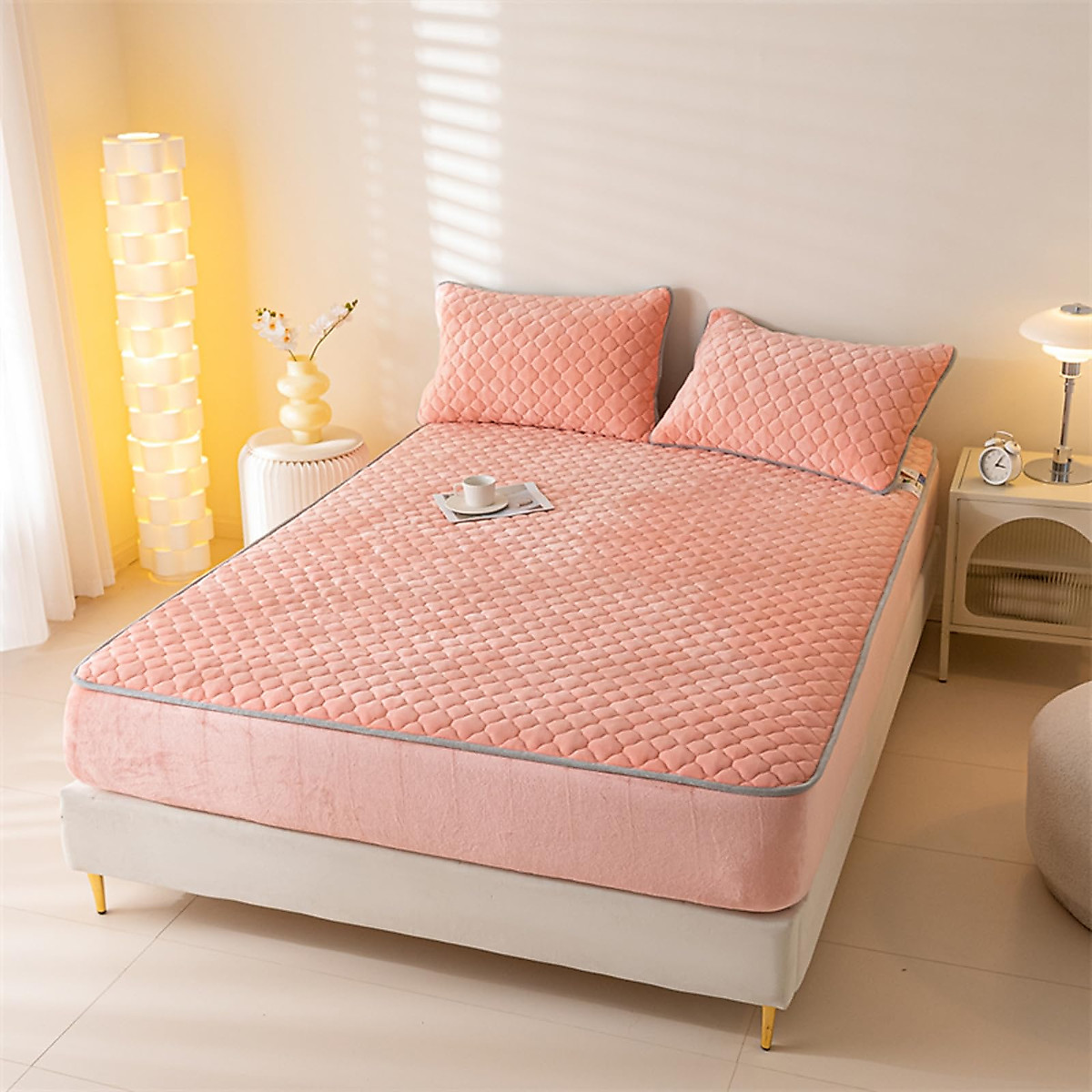 Velvet Fitted Sheet Full Size,Plush Thicken Quilted Mattress Cover 2 Pillowcases-Fuzzy Flannel Bed Sheets with 13'' Deep Pocket,Suitable for Fall Winter and Spring (Pink, Full)