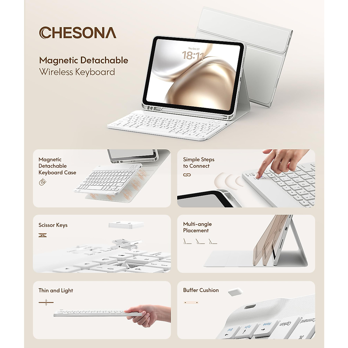 CHESONA Keyboard Case for iPad 10th Generation 10.9-inch 2022, Detachable Bluetooth Keyboard, Stand Folio Keyboard Cover with Pencil Holder, Rechargeable Keyboard for iPad 10th Gen 2022 (White)