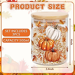JarThenaAMCS 3Pcs Fall Thanksgiving Glass Storage Jars with Airtight Bamboo Lids 17oz Autumn Leaves Pumpkins Clear Food Storage Canisters for Home Kitchen Countertop Decoration