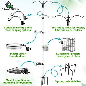 4 Hooks Bird Feeder Pole, 91 Inches Tall Bird Feeder Poles for Outdoors Heavy Duty, Multi Bird Feeder Stand with Bird Bath, Mesh Tray & Suet Cage, 5 Prong Base Bird Feeding Station for Outside