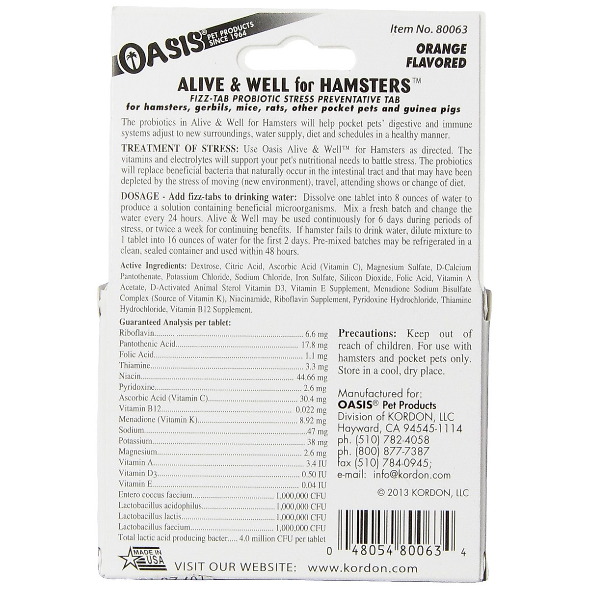 OASIS No 80063 Alive and Well, Stress Preventative and Pro-Biotic Tablets for Pocket Pets