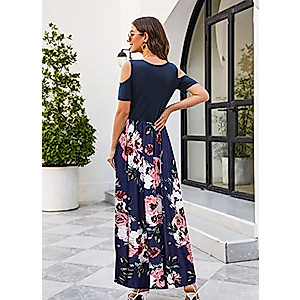 Kancystore Women's Cold Shoulder Floral Print Dresses Swing Long Dress with Pockets (Navy Blue_XXL)