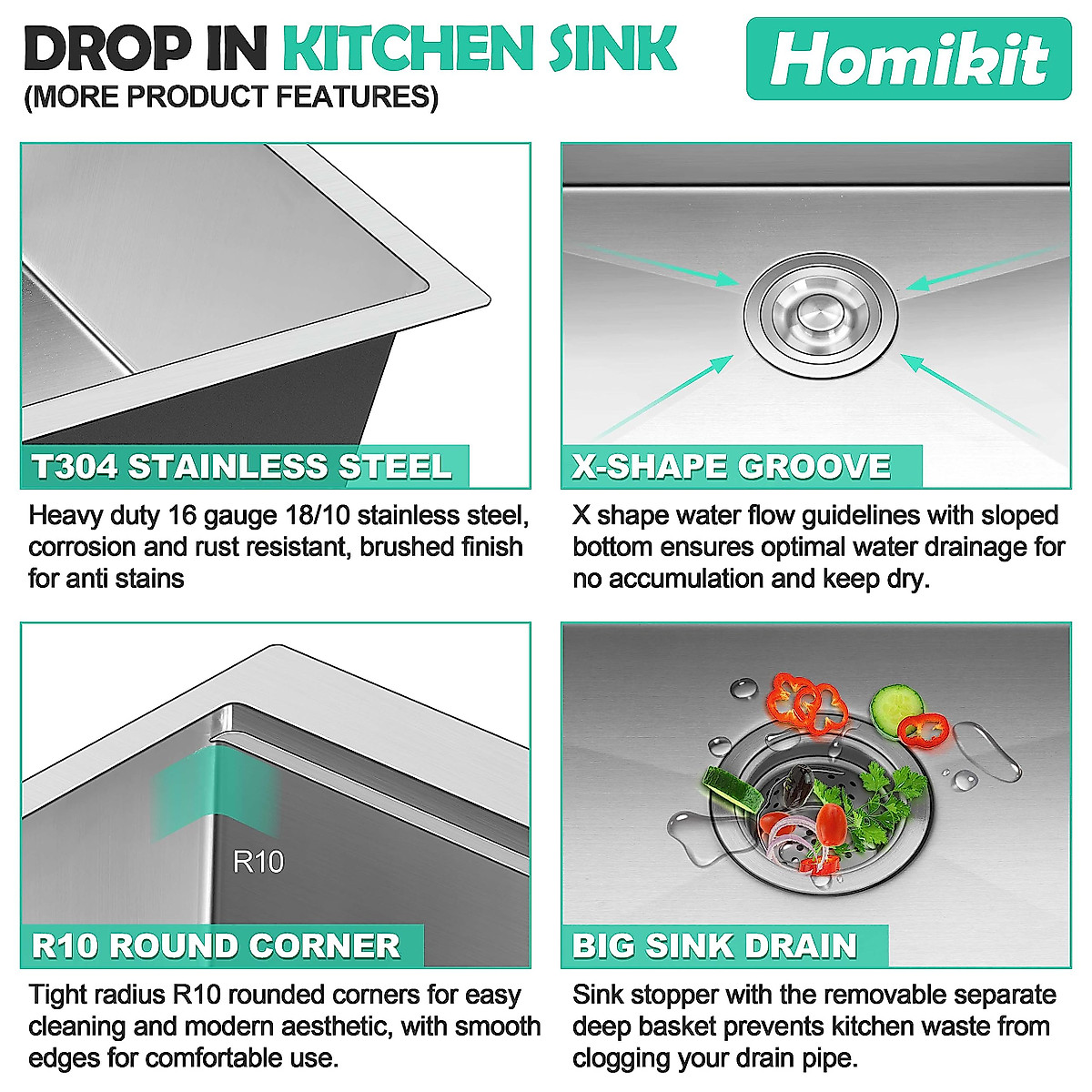 Homikit 33 x22 Inch Kitchen Sink with Soap Dispenser, 16 Gauge Stainless Steel Topmount Drop In Kitchen Sinks Single Bowl 2-Hole R10 Corner, 10" Deep Large Farmhouse Workstation Sink with Accessories