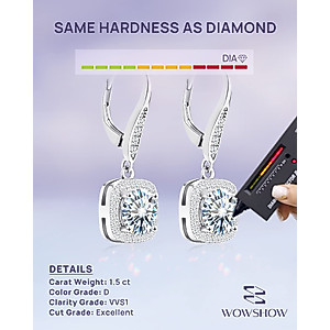 wowshow Moissanite Earrings, Leverback Earrings for Women 925 Sterling Silver 3ct Moissanite Diamond Dangle Drop Earrings Cushion Halo White Gold Plated for Women Birthday Wedding Mothers Day Gifts