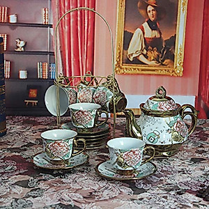 DaGiBayCn 20 Piece European Ceramic Tea Set Coffee set Porcelain Tea SetWith Metal Holder,flower tea set Red Rose Painting,160ML/Cup,460ML/Pot (Large version).