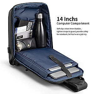 Kingsons Laptop Sling Backpack Anti Theft Bag - Hiking Daypack 13 Inch Waterproof Nylon Travel Bags for Men, Single Shoulder Camping Dayback with USB Charging Port TSA Lock for Traveling
