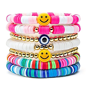 Y1tvei 7Pcs Heishi Surfer Bracelets Set Colorful Preppy Smile Evil Eye Beaded Stretch Bracelets Clay Stackable Boho Disc Bracelets Y2K Aesthetic Summer Beach Jewelry for Women