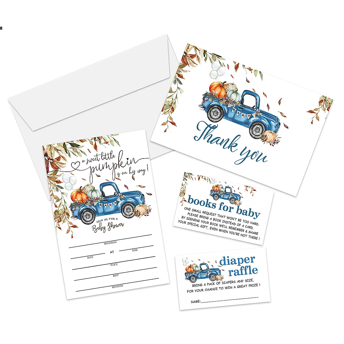 Baby Shower Invitation Set, Books For Baby, Thank You, Diaper Raffle, Fill In Invites Cards, Each Design 25 Cards & Envelopes (Total 100 Cards) – (bb017-taozhuang)